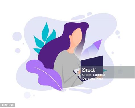 소셜 네트워크에서 노트북과 함께 작업 하는 소녀 젊은 대 소녀 이다 보고에 그녀의 노트북 소녀에 대한 스톡 벡터 아트 및 기타 이미지 소녀 밀레니엄 세대 개념