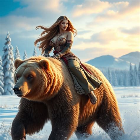 Empowered Beauty Siberian Woman On A Bear
