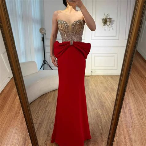 Designer Red Satin Evening Dress With Bow La73060 Serene Hill