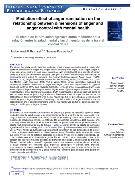 Pdf Mediation Effect Of Anger Rumination On The Relationship Between Dimensions Of Anger And