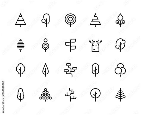 Trees Line Icons Simple Minimalist Plants Organic Geometric Abstract Shapes Of Leaves And Pine
