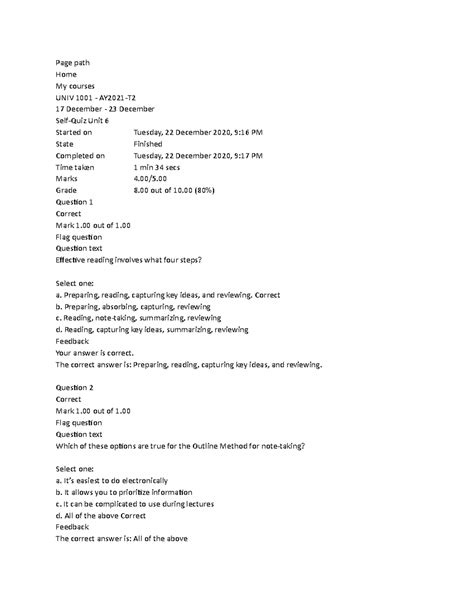 Univ1001 Self Quiz Unit 6 Page Path Home My Courses Univ 1001 Ay2021 T 17 December 23