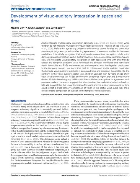 Pdf Development Of Visuo Auditory Integration In Space And Time