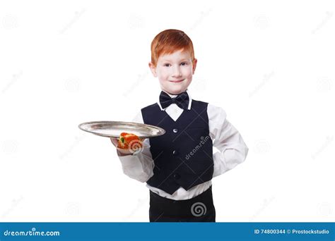 Little Smiling Waiter Stands With Empty Tray Isolated On White Stock