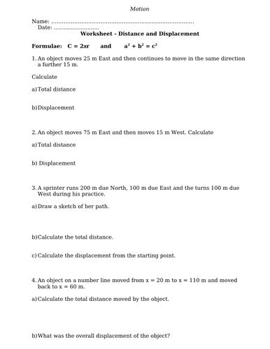 Distance And Displacement Worksheet Teaching Resources