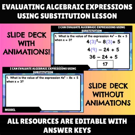 Evaluating Algebraic Expressions Using Substitution Lesson Slides Notes Hw