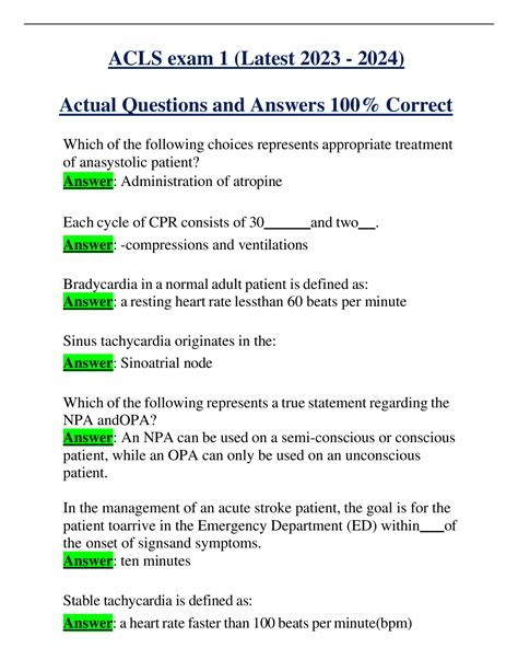 Acls Exam 1 Latest 2023 2024 Actual Questions And Answers 100 Correct Acls Final Exam