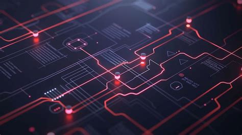 Digital Circuit Board With Red Lines And Glowing Nodes Depicts Modern Technology And Innovation