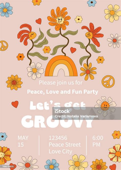 그루비 파티 생일 초대장 전단지 복고풍 포스터를 위해 무지개에 재미있는 춤추는 데이지가 있는 템플릿 텍스트를 위한 공간입니다