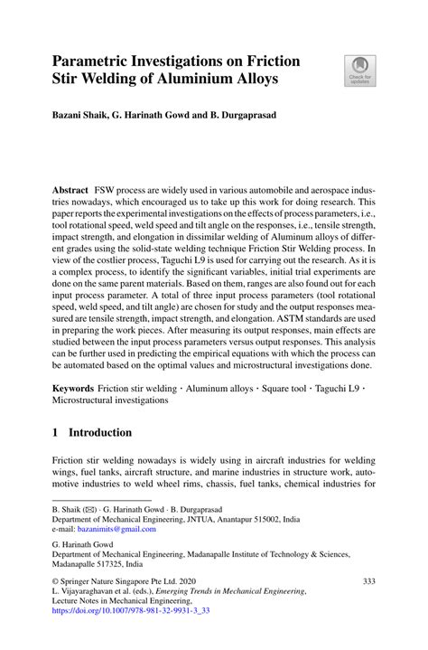 Pdf Parametric Investigations On Friction Stir Welding Of Aluminium