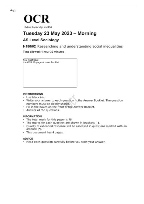Ocr As Level Sociology H18002 June 2023 Question Paper Researching