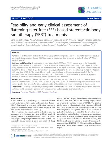 Pdf Feasibility And Early Clinical Assessment Of Flattening Filter Free Fff Based