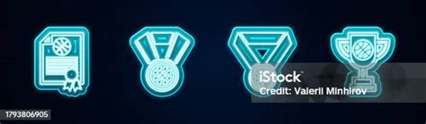 세트 라인 인증서 농구 상 농구 메달 어워드 컵 포함 빛나는 네온 아이콘입니다 벡터 1위에 대한 스톡 벡터 아트 및 기타 이미지