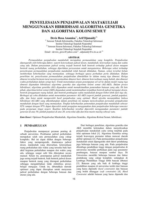 Pdf Penyelesaian Penjadwalan Matakuliah Menggunakan Hibridisasi