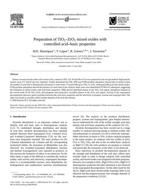 Pdf Preparation Of Tio2zro2 Mixed Oxides With Controlled Acidbasic