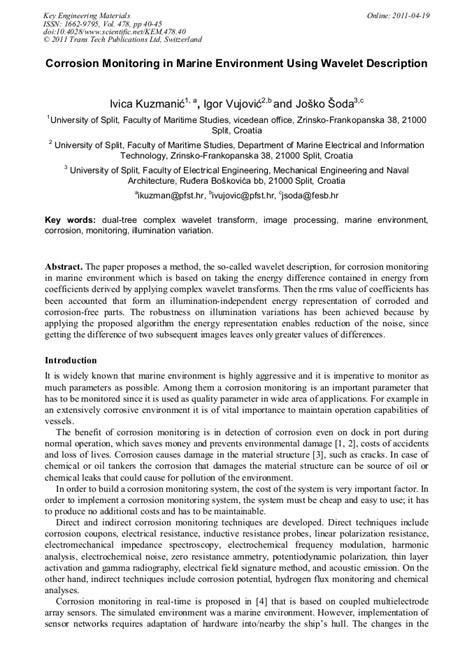 Corrosion Monitoring In Marine Environment Using Wavelet Description Scientific Net