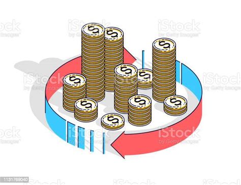 자금 순환 투자 수익률 환전 현금 환급 자금 환불 개념을 사용할 수 있습니다 벡터 일러스트 레이 션의 현금 돈 스택 주위에 방사형 루프 화살표 3d 등각 투영 0명에 대한