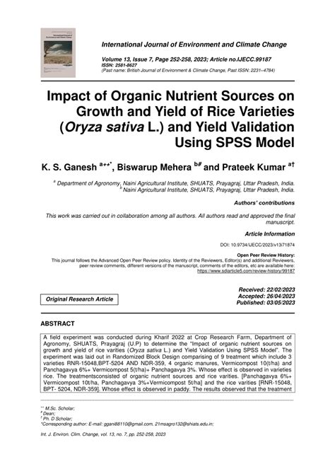 (PDF) Impact of Organic Nutrient Sources on Growth and Yield of Rice Varieties (Oryza sativa L ...