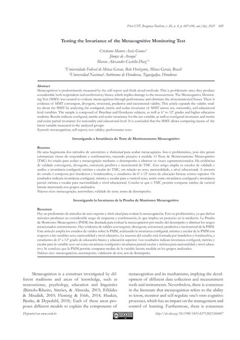 Pdf Testing The Invariance Of The Metacognitive Monitoring Test