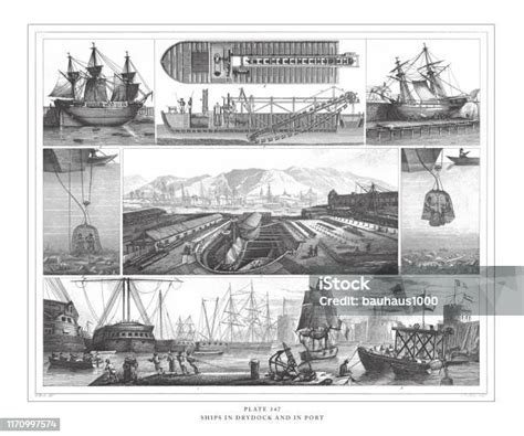 드라이 도크 및 포트 조각 골동품 일러스트에 선박 출판 1851 19세기에 대한 스톡 벡터 아트 및 기타 이미지 19세기 견인 교통수단 Istock