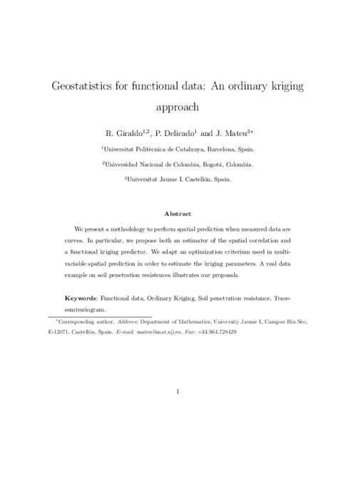 Pdf Geostatistics For Functional Data An Ordinary Kriging Approach