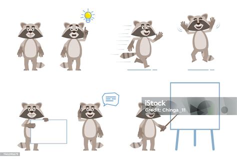 다른 상황에서 포즈 만화 너구리 캐릭터의 집합입니다 쾌활 한 너구리 전화에 얘기 위 실행 점프 배너를 들고 화이트 보드를 가리키는 가리키기에 대한 스톡 벡터 아트 및 기타