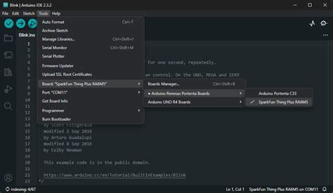 Arduino IDE SparkFun RA6M5 Thing Plus Hookup Guide