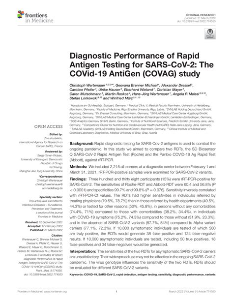 Pdf Diagnostic Performance Of Rapid Antigen Testing For Sars Cov 2