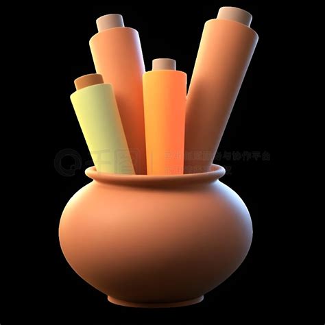 卡通手绘ai数字艺术 3d卡通手绘矢量卷轴容器3d渲染温暖色调陶罐圆柱形物品插画 Ai立体元素免费下载 Png格式 4096像素 编号71510758 千图网