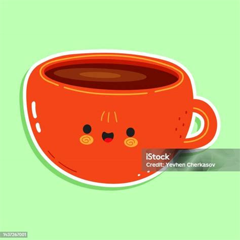 커피 스티커의 귀여운 재미 있는 컵입니다 벡터 손으로 그린 만화 Kawaii 캐릭터 그림 아이콘입니다 녹색 배경에 격리 커피 한잔 캐릭터 컨셉 개념에 대한 스톡 벡터 아트