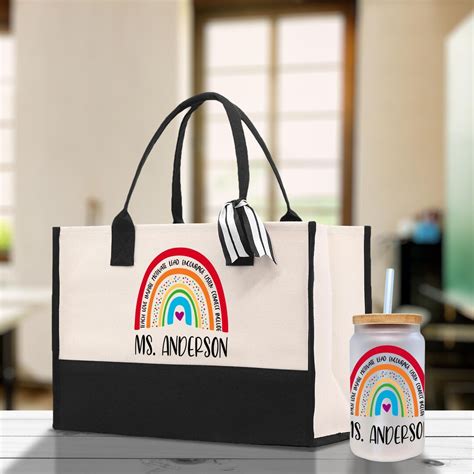 Personalized Teacher Tote Bag Rainbow Design Custom Cotton Canvas
