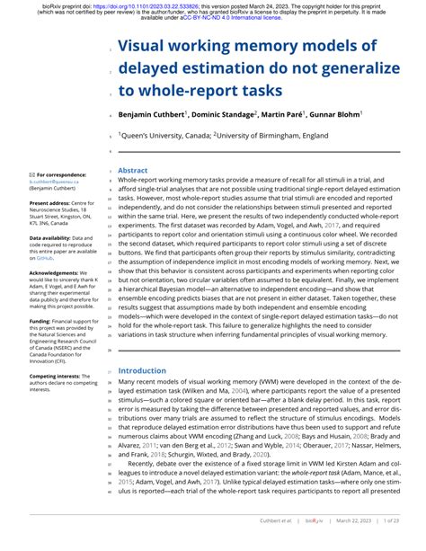 Pdf Visual Working Memory Models Of Delayed Estimation Do Not Generalize To Whole Report Tasks
