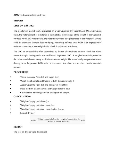 Loss On Drying Aim To Determine Loss On Drying Theory Loss On Drying