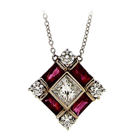 Baguette Ruby Princess Cut Diamond Gold Pendant Necklace For Sale At 1stdibs