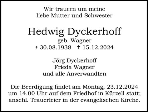 Traueranzeigen Von Hedwig Dyckerhoff Schwarzwälder Bote Trauer
