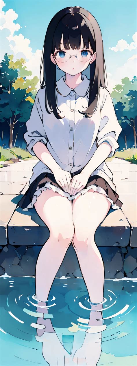 Anime Girl Sitting On A Ledge In The Water Seaart Ai