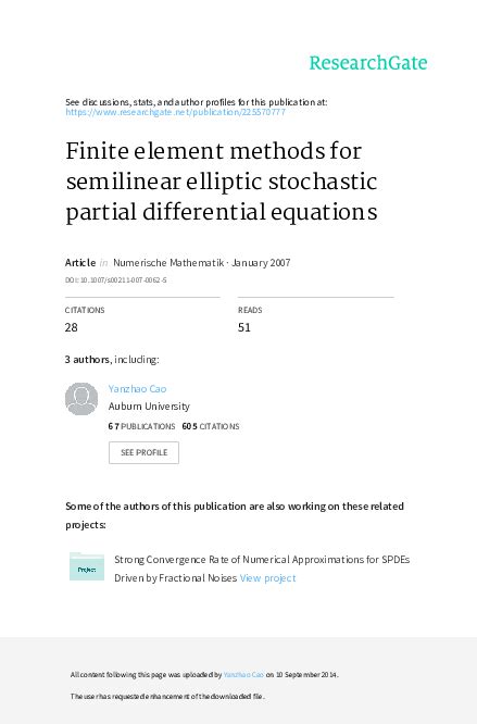 Pdf Finite Element Methods For Semilinear Elliptic Stochastic Partial