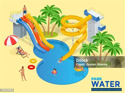다른 워터 슬라이드 가족 워터 파크 힐스 Aquapark 수평 웹 배너 튜브 고 풀 아이소메트릭 벡터 일러스트 레이 션 웹 사이트 광고 배너 포스터 보드 인쇄를 위한 디자인
