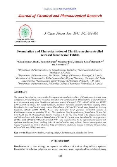 Formulation And Characterisation Of Clarithromycin Controlled