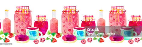 수채화 여름 열매와 수제 제품은 원활한 장식 라인 테두리 젤리 항아리 크랜베리 스튜 콤포트 잼 샌드위치 주스 또는 차 한 잔 과일 음료 병 마멀레이드에 대한 스톡 벡터 아트