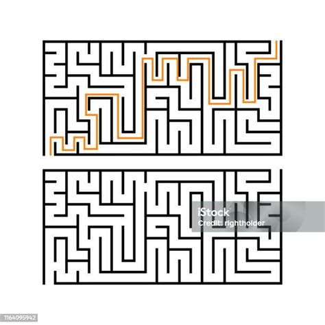 입력 및 출구가 있는 검은색 직사각형 미로 아이들을위한 흥미롭고 유용한 게임 흰색 배경에 격리 된 간단한 평면 벡터 그림입니다