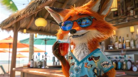 Cartoon Fox Drinking A Cocktail At A Beach Bar In Bright T Shirt And