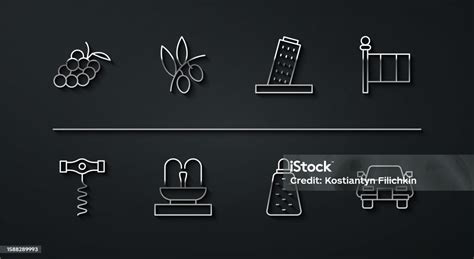 세트 라인 포도 과일 와인 코르크 마개 국기 이탈리아 강판 분수 올리브 지점 자동차 및 타워 피사 아이콘 벡터 건축에 대한 스톡 벡터 아트 및 기타 이미지 Istock