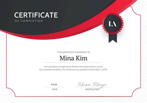 Certificate For Mina Kim Localization Academy
