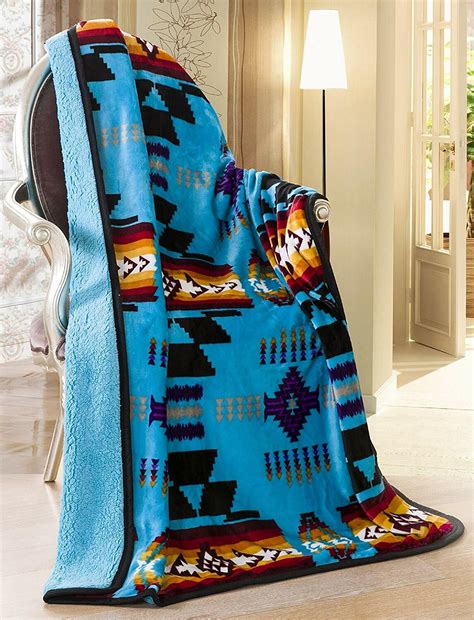 Navajo Print Turquoise Throw Blanket Sherpa Southwest Native American