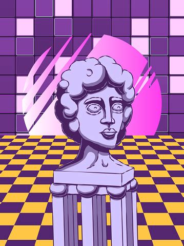 Spanduk Ilustrasi Futuristik Retro Dengan Gaya Vaporwave Patung Seorang Pria Di Pilar Dengan