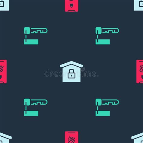 Set Mobile With Fingerprint Scan House Under Protection And Marked Key On Seamless Pattern