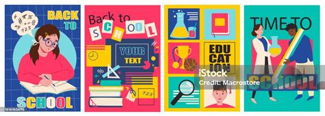 트렌디한 플랫 디자인으로 설정된 신학기 표지 브로셔 숙제 책 문구류 다양한 수업과 과학 교사와 학생을 하는 여학생이 있는 포스터 템플릿 벡터 그림입니다 책표지에 대한 스톡