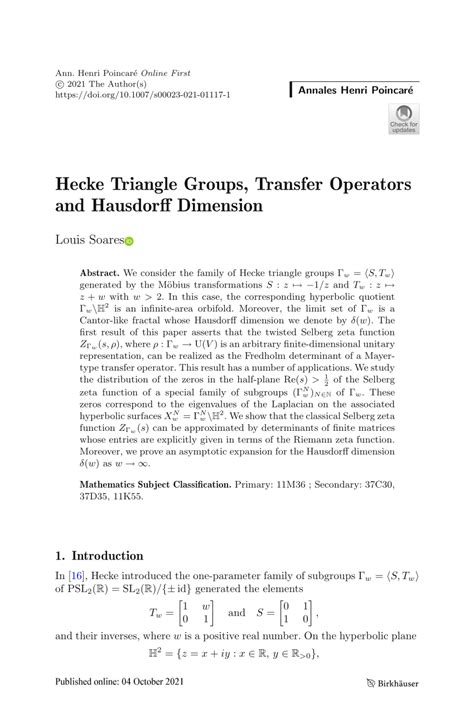 Pdf Hecke Triangle Groups Transfer Operators And Hausdorff Dimension