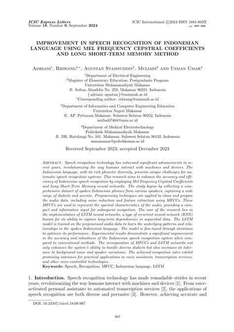 Pdf Improvement In Speech Recognition Of Indonesian Language Using Mel Frequency Cepstral